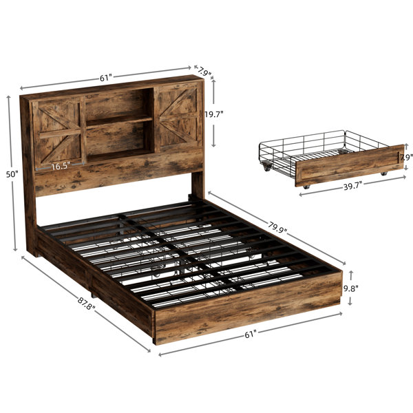 Millwood Pines Athie Bed Frame with Sliding Barn Door Bookcase Headboard & 4 Storage Drawers ...